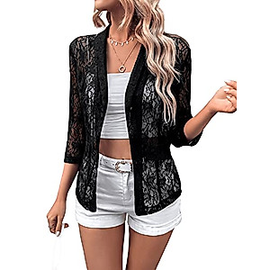 SweatyRocks Women's 3/4 Sleeve Floral Lace Open Front Collared Blazer Jacket Black XL