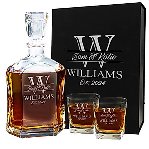 Custom Engraved Couples Wedding Glass Decanter Gift Set - Personalized for Housewarming, Anniversary (Decanter and 2 Glasses)