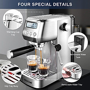 amzchef Espresso Machines 20 Bar, Espresso Maker with Milk Frother & LCD Panel, Adjustable Temp, Compact Cappuccino Machines for Home Gifts, Stainless Steel