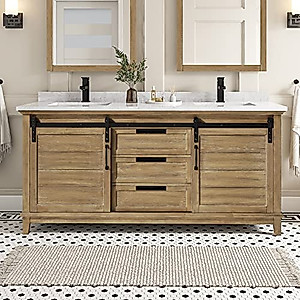OVE Decors Edenderry 72" Double Undermount Sink Bathroom Vanity with Cultured Marble Countertop and Barn Doors, Pre-Assembled | Backsplash Included | 03 Drawers and Power Bar, 72 inches, Rustic Almond