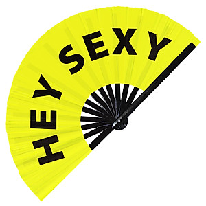 Hey Sexy hand fan foldable bamboo circuit hand fan funny gag slang words expressions statement gifts Festival accessories Rave handheld Circuit event fan Clack fans (Yellow)