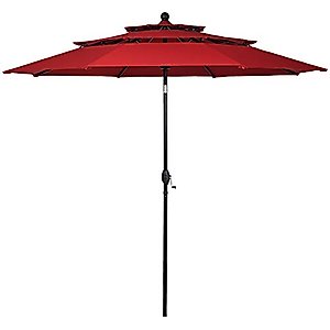 Tangkula 10 Ft 3 Tier Patio Umbrella, Outdoor Umbrella W/Double Vented, Market Table Tilt Umbrella with Crank, Outdoor Aluminum Umbrella for Market, Backyard, Pool, Garden (Burgundy)