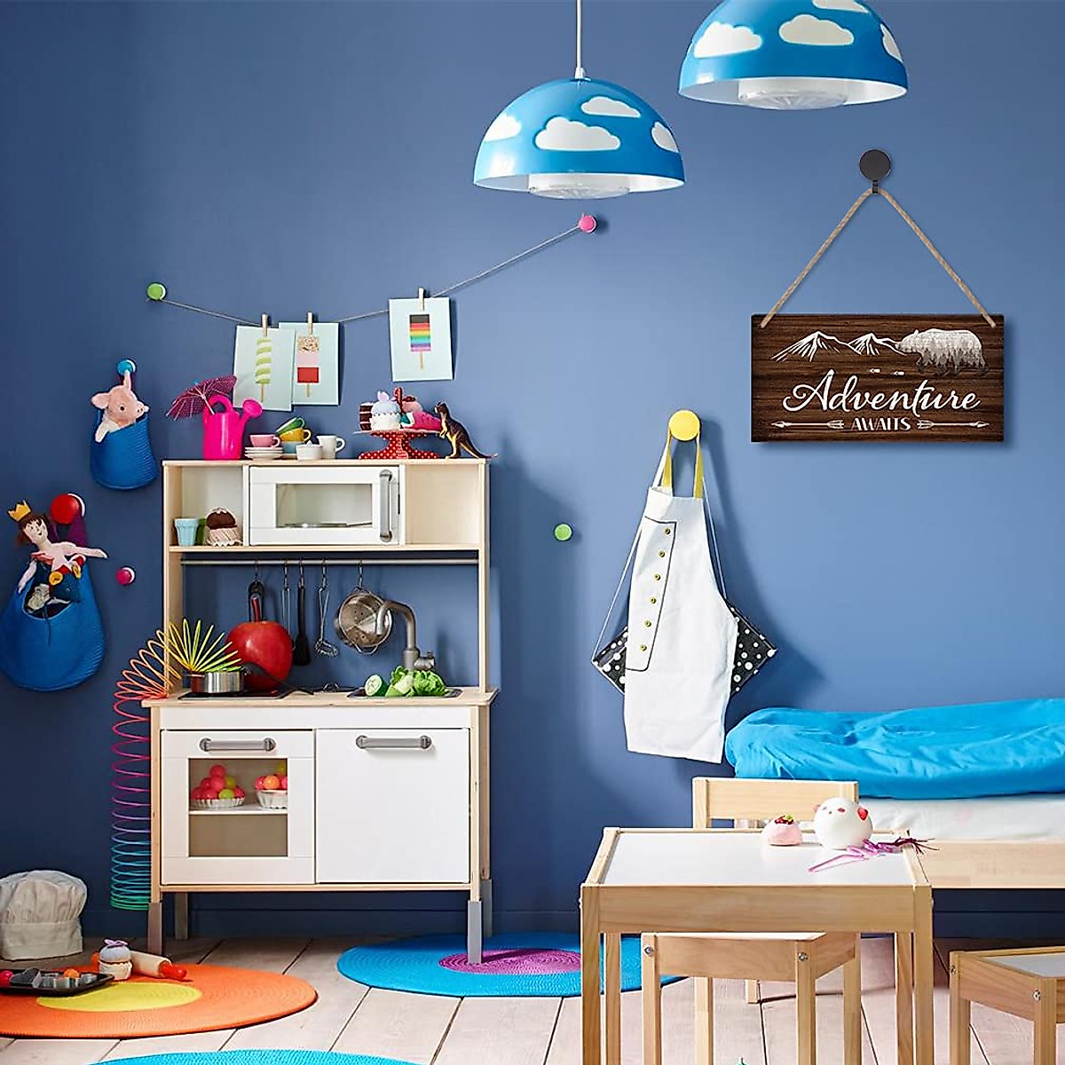 FWIEXA Adventure Awaits Inspirational Quote Sign Hanging, Rustic Wooden Plaque Wall Hanger, Mountain Bear Arrow Decorative Door Sign for Home Garden Store Porch Decor (11''x6'')