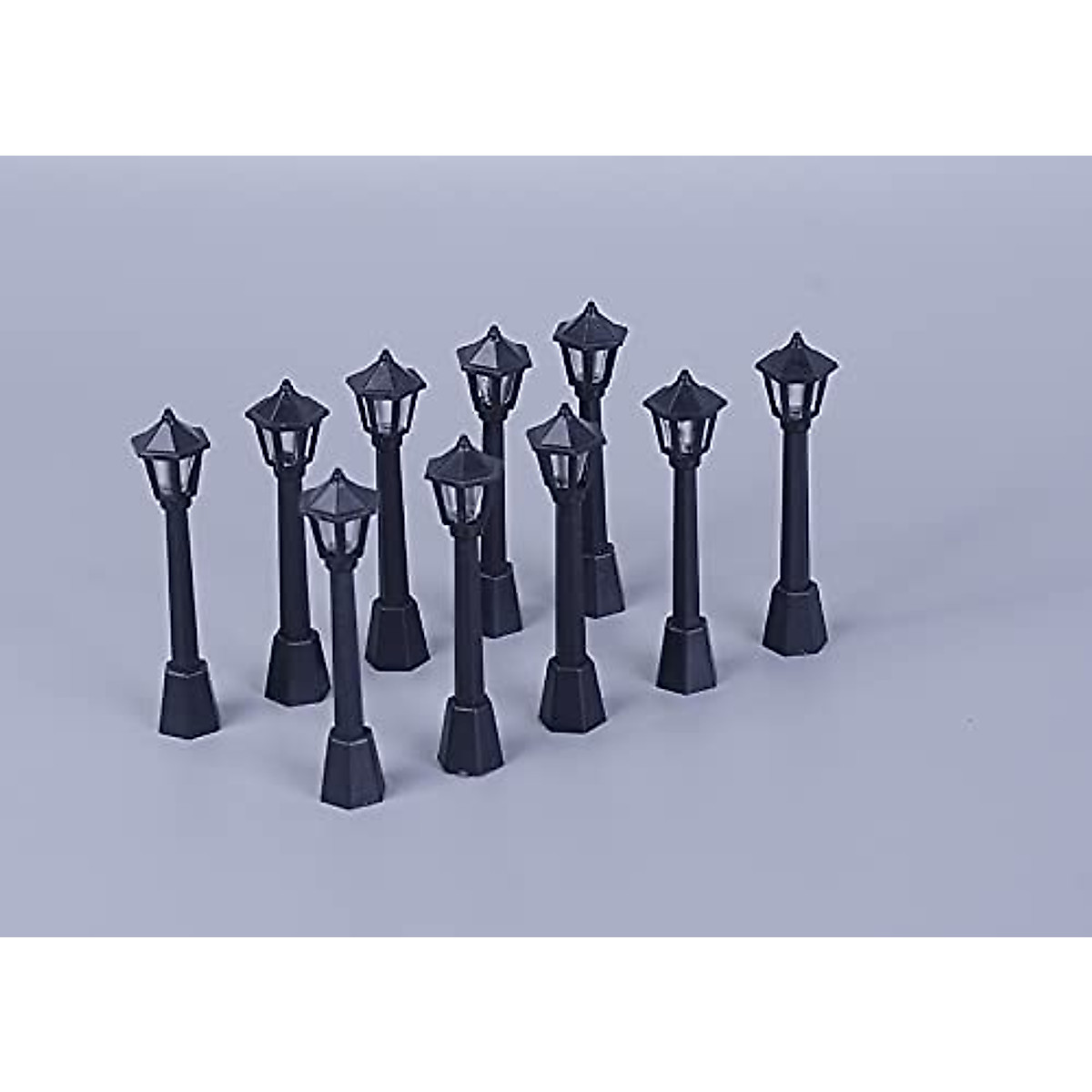 10pcs Mini Miniature Street Light Model, Railway Train Post Lamps, Black Lamp Outdoor Pathway Lantern Post for Dollhouse Decoration Micro Landscape Fairy Garden Lighting Accessories, Black