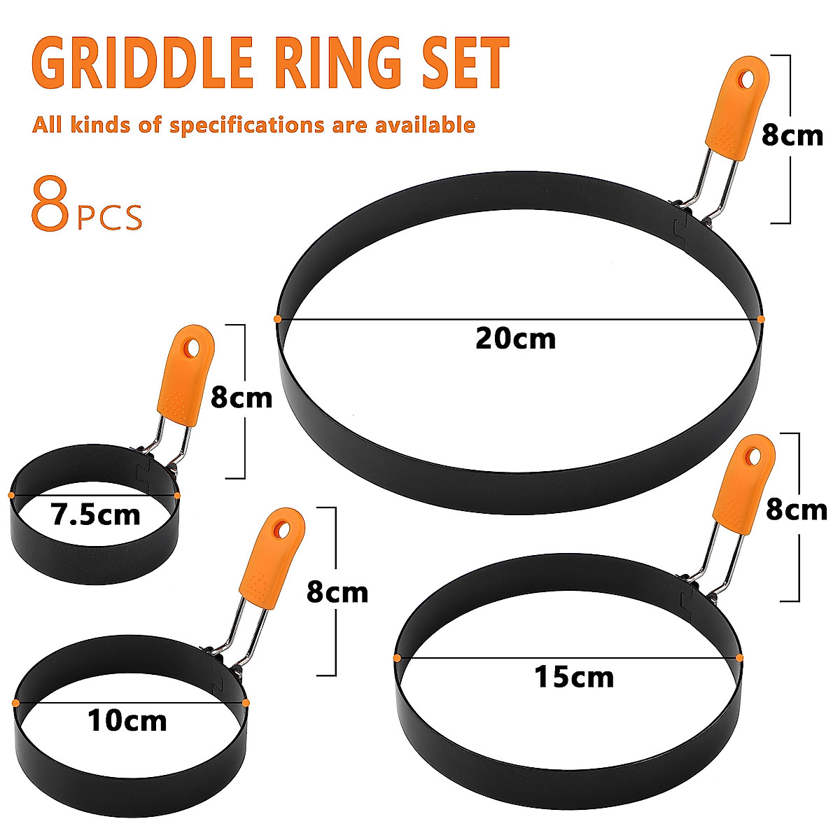 Egg Rings Set of 8 Pancake Mold Stainless Steel Egg Ring for Griddle Nonstick Omelette And Pancake Rings for Muffins (Set of 8)