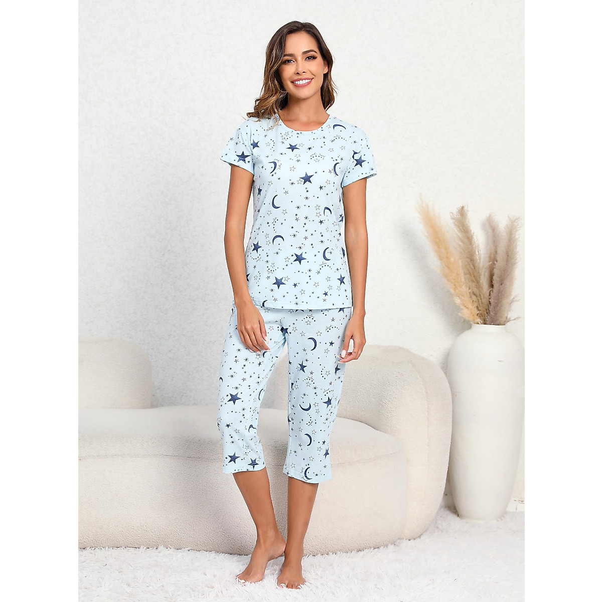 PNAEONG Women’s Pajama Set - Cotton-Blend Short-Sleeve Loose Top with Matching Capri Bottoms SY215-Blue Star-M