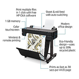 HP DesignJet T630 Large Format Wireless Plotter Printer - 24", with Auto Sheet Feeder, Media Bin & Stand (5HB09A) Black