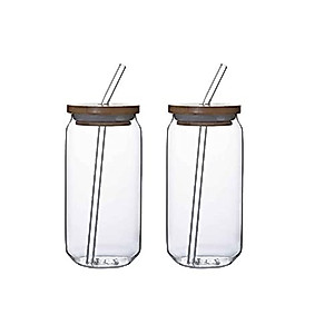 Renococo Beer Can Glass with Bamboo Lids and Glass Straws, 2 Pack 16oz Drinking Glasses,Can Shaped Glass Cups,Iced Coffee Cup, Beer Glasses,Clear Glass Cup Ideal for Water, Soda,Tea,Wine
