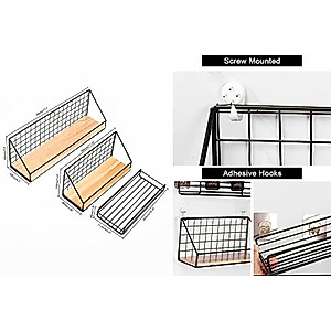 Livabber Floating Shelves Wall Mounted,Home Office Decor- 2 Rustic Arrow Design Wood Storage Metal Shelves Wall Mounted+Adhesive Shower Caddy Basket Shelf for Bathroom, Kitchen, 2 Pack (Large & Small)