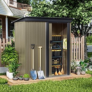 Outdoor Metal Shed 5FTx3FT, Mini Weather Resistant Tool Storage Sheds with Lockable Door, Sloped Roof Storage Shed, Perfect for Backyard, Garden & Lawn(Brown)