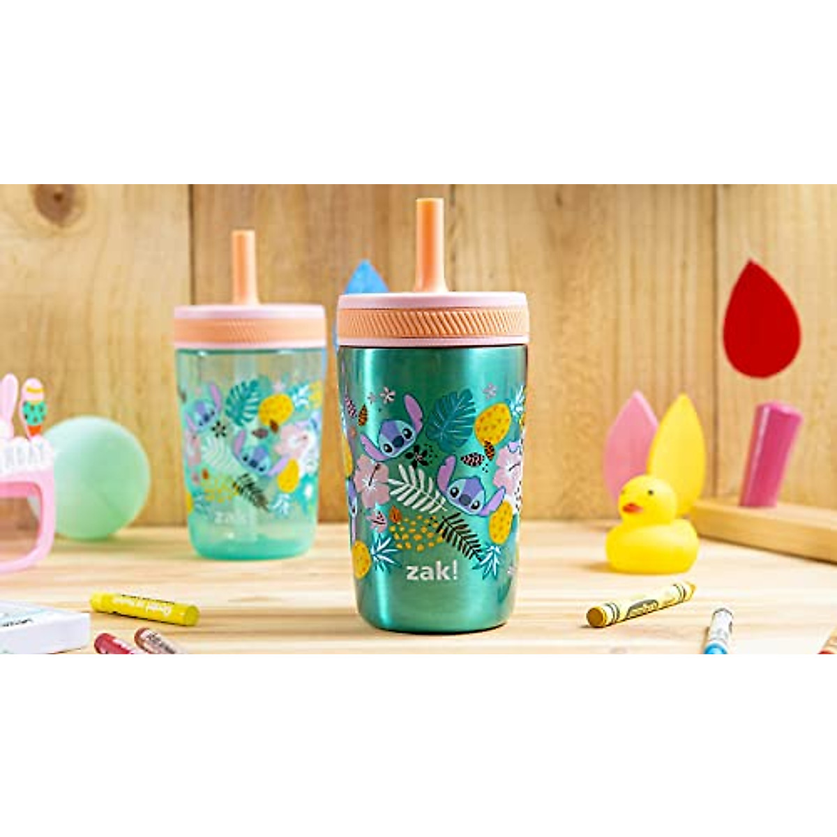 Zak Designs Disney Lilo and Stitch Kelso Tumbler Set, Leak-Proof Screw-On Lid with Straw, Bundle for Kids Includes Plastic and Stainless Steel Cups with Bonus Sipper (3pc Set, Non-BPA, Stitch)