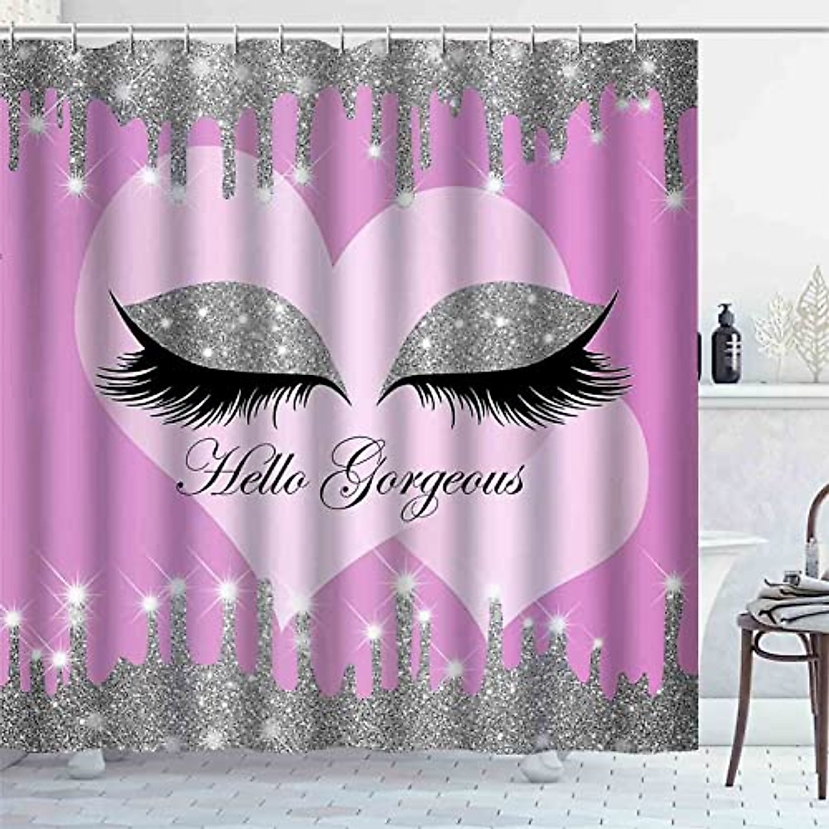 Dia Magico 4PCS Eyelash Shower Curtain Set, Hello Gorgeous Bling Silver Drips Glitter Eyeshadow Pink Heart Makeup Glam Modern Fashion Girl Bathroom Decor Fabric Purple Shower Curtain Non-slip Bath Mat