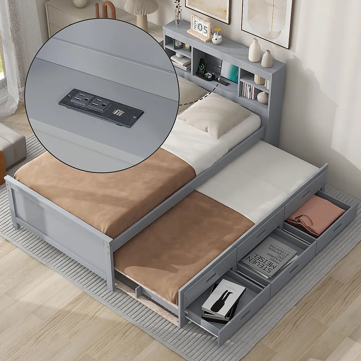 Twin Size Bed Frame Wooden Platform Bed with Storage Bookcase Headboard and Charging Station, Twin Storage Bed Frame with Trundle and 3 Drawers for Kids, Teens, Adults, No Box Spring Needed (Gray)