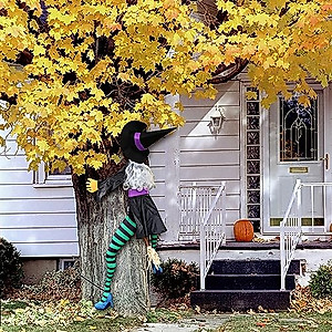 POPGIFTU Large Crashing Witch Halloween Outdoor Decorations, 63" Flying Crashed Witches, Crashing Witch into Tree Halloween Flying Witch Clearance for Yard, Patio, Porch Outdoor Tree Decoration