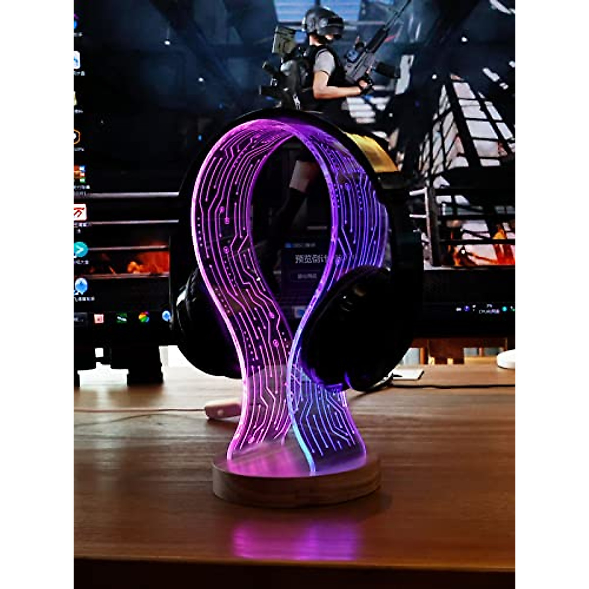 YuanDian Headphone Stand, Walnut Wood Headset Holder with Blue Pink LED Night Light for Gamers, Men, and Music Lovers - Perfect Desk Gift Idea