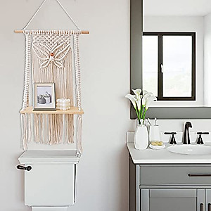 BIGEBO Macrame Wall Hanging Shelf, Handmade Hanging Shelves Floating Wood shelve Butterfly Wall Decor for Bedroom Living Room Boho Bathroom Decor Plants (White)