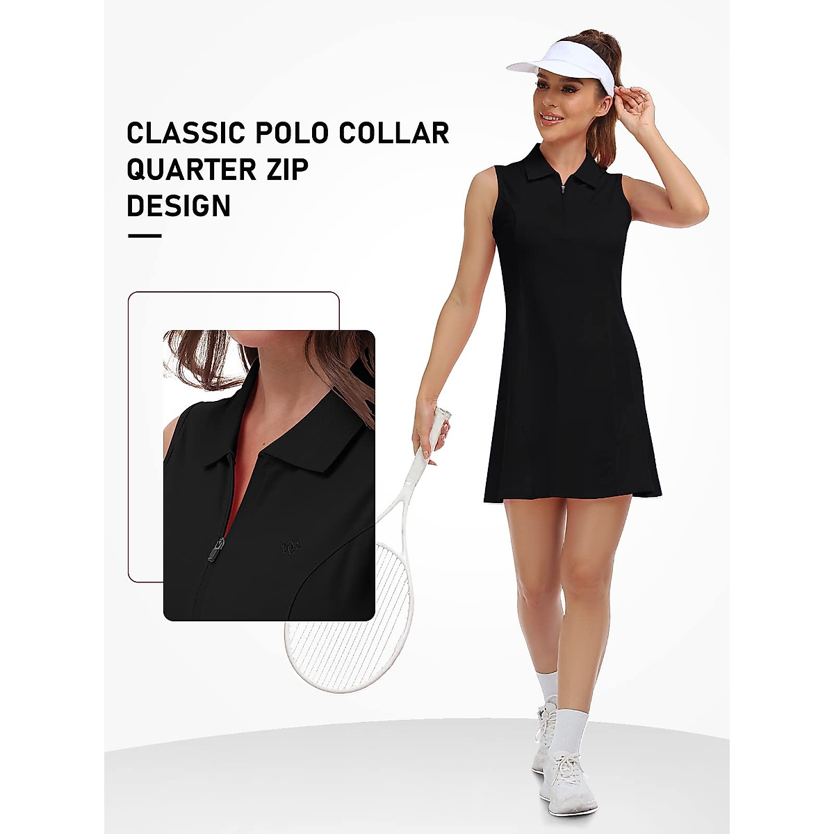 MoFiz Women's Golf Tennis Polo Dress Sleeveless Zip Up Lightweight Quick Dry Moisture Wicking Athletic Sports Workout Black M