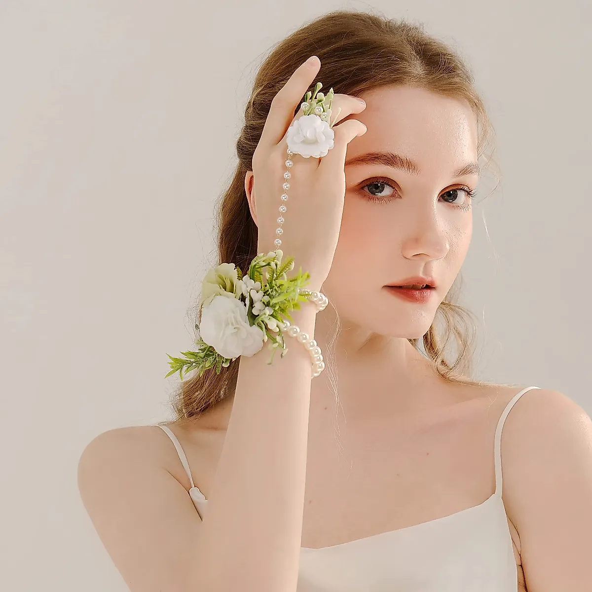 Yumikoo Rose Flower Wrist Corsage Bracelets - Prom Wedding Handmade Pearl White Corsage for Women
