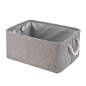 Collapsible Storage Basket Bins, Decorative Foldable Rectangular Linen Fabric Storage Box Cubes Containers with Handles- Medium Organizer For Nursery Toys,Kids Room,Towels,Clothes, Grey14Lx10.2Wx5.9H