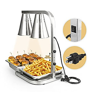 Restlrious Food Heat Lamp Freestanding Commercial Portable Food Warmer with 2 Half-Size Food Pans, Stainless Steel 120V Electric Food Heat Lamp with 2 Bulbs - 250W Each, Fan-Shaped Lampshade