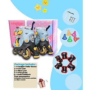 Kids Quad Roller Skate,Roller Skates for Girls Boys,with Adjustable Size&Double Brakes&Luminous Wheels&Protective Gear,3-Point Balance Roller Shoes for Beginners,for Indoor Outdoor