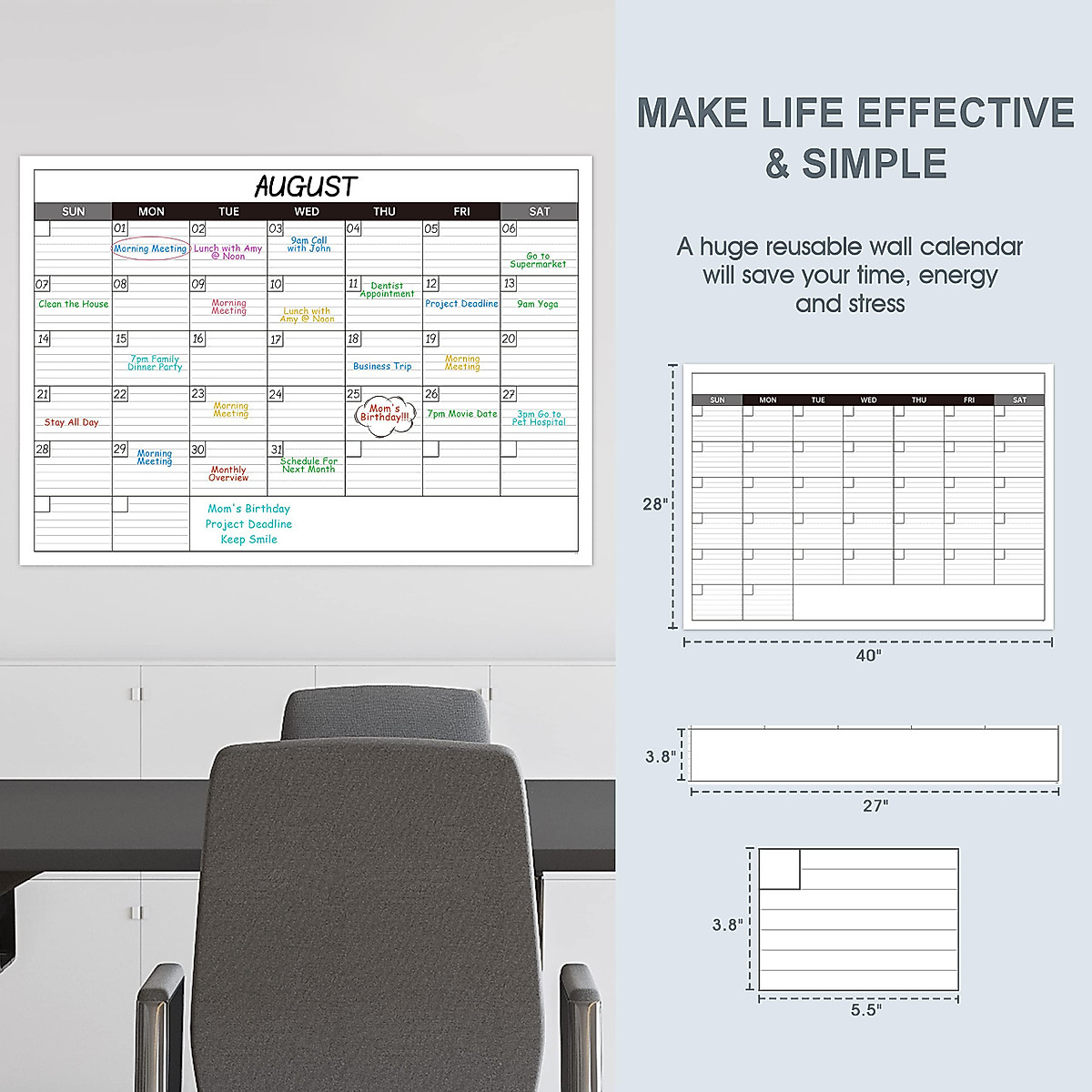 Dry Erase Calendar for Wall - Large Dry Erase Calendar, 28" x 40", Undated Monthly Calendar for Home, Office, Classroom, Erasable Laminated Calendar Whiteboard with 6 Markers ＆ 6 Stickers - 1Y Grey