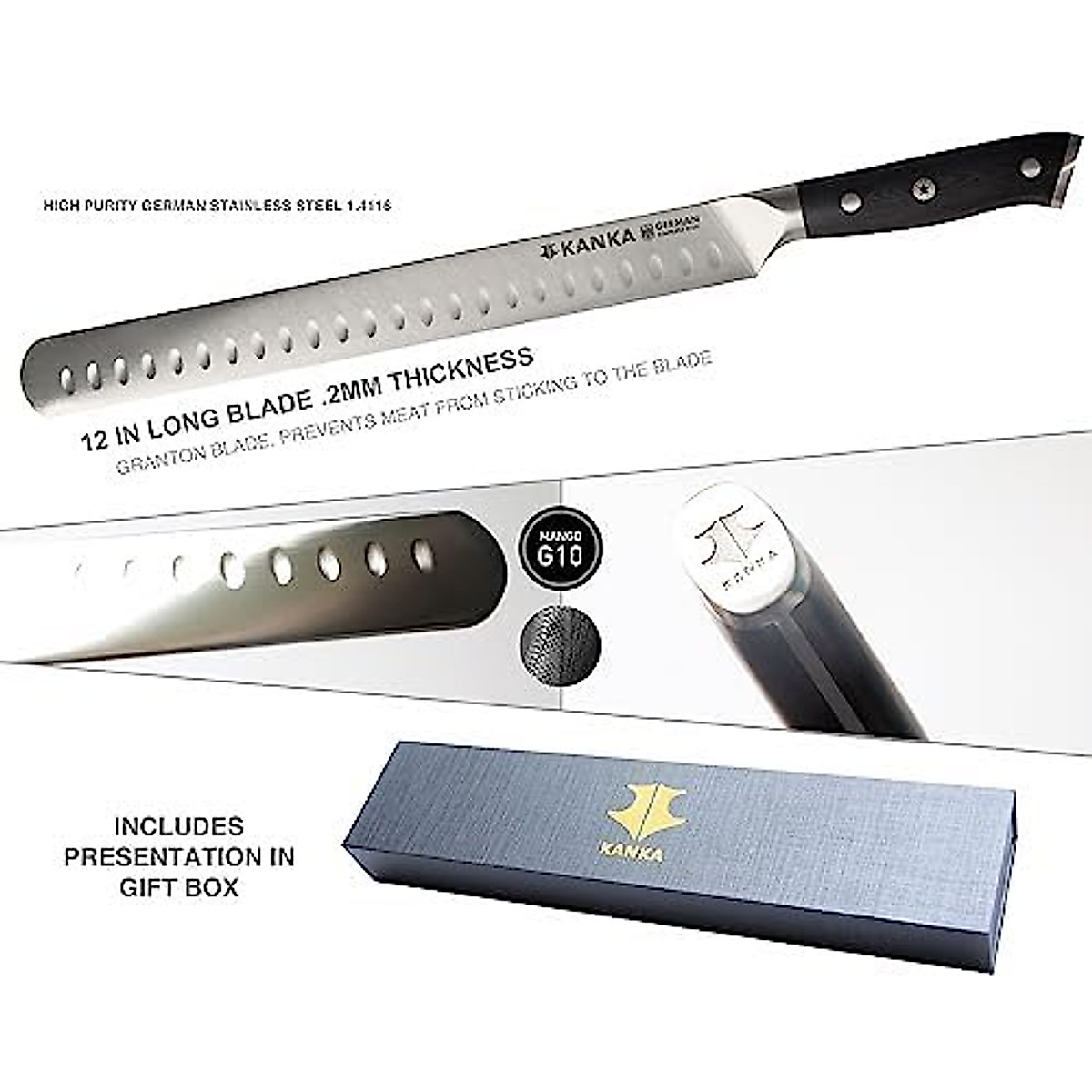 KANKA 12 inch Slicing Carving Knife - Ultra Sharp 1.4116 German Stainless Steel. Premium G10 Hamdle. Gift Box Included