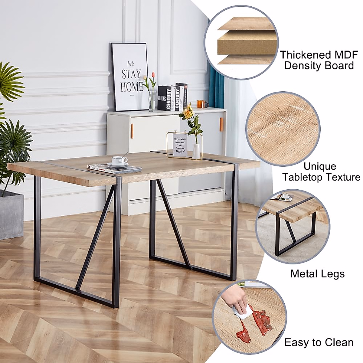 MUUOKY Dining Table Set for 4, Modern 55'' Wood Dining Table, Fabric Dining Chairs 4,Table and Chairs Set of 4,Ideal for Kitchen Dining Room