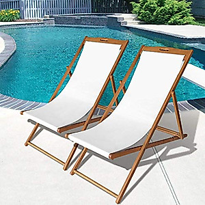 Beach Sling Chair Set Outdoor Lounge Chairs Set of 2 Pack Patio Furniture Portable Folding Reclining Wooden Adjustable Frame Solid Eucalyptus Wood with White Polyester Canvas 3-Position