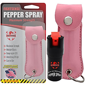 FIGHTSENSE Self Defense Pepper Spray - 1/2 oz Compact Size Maximum Strength Police Grade Formula Best Self Defense Tool for Women W/Leather Pouch Keychain (Pink)