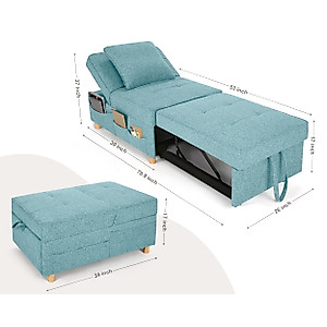 SEJOV Sleeper Sofa Chair Bed,4-in-1 Convertible Sofa Bed Chair with 6 Adjustable Backrest and Pillow, 3-Seat Pull Out Sleeper Chair Linen No Backrest for Bedroom Small Space Living Room, Sky Blue
