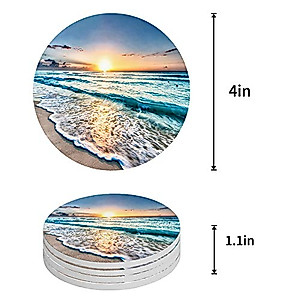 Ocean Beach Drink Coasters Absorbent Natural Ceramic Stone Bar Coasters Set of 4 - Cup Mat with Cork Backing, Housewarming Gifts for Home Kitchen Decorations Tropical Sunset Beach Ocean Wave Sea Water