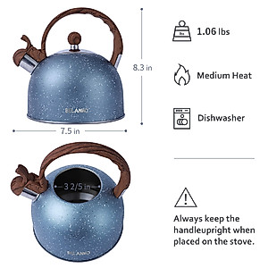 BELANKO 2.3 Quart / 2.5 Liter Stainless Steel Tea Kettles, Food Grade Stovetops Tea pot with Wood Pattern Handle Loud Whistling for Tea, Coffee, Milk etc, Gas Electric Applicable - Blue