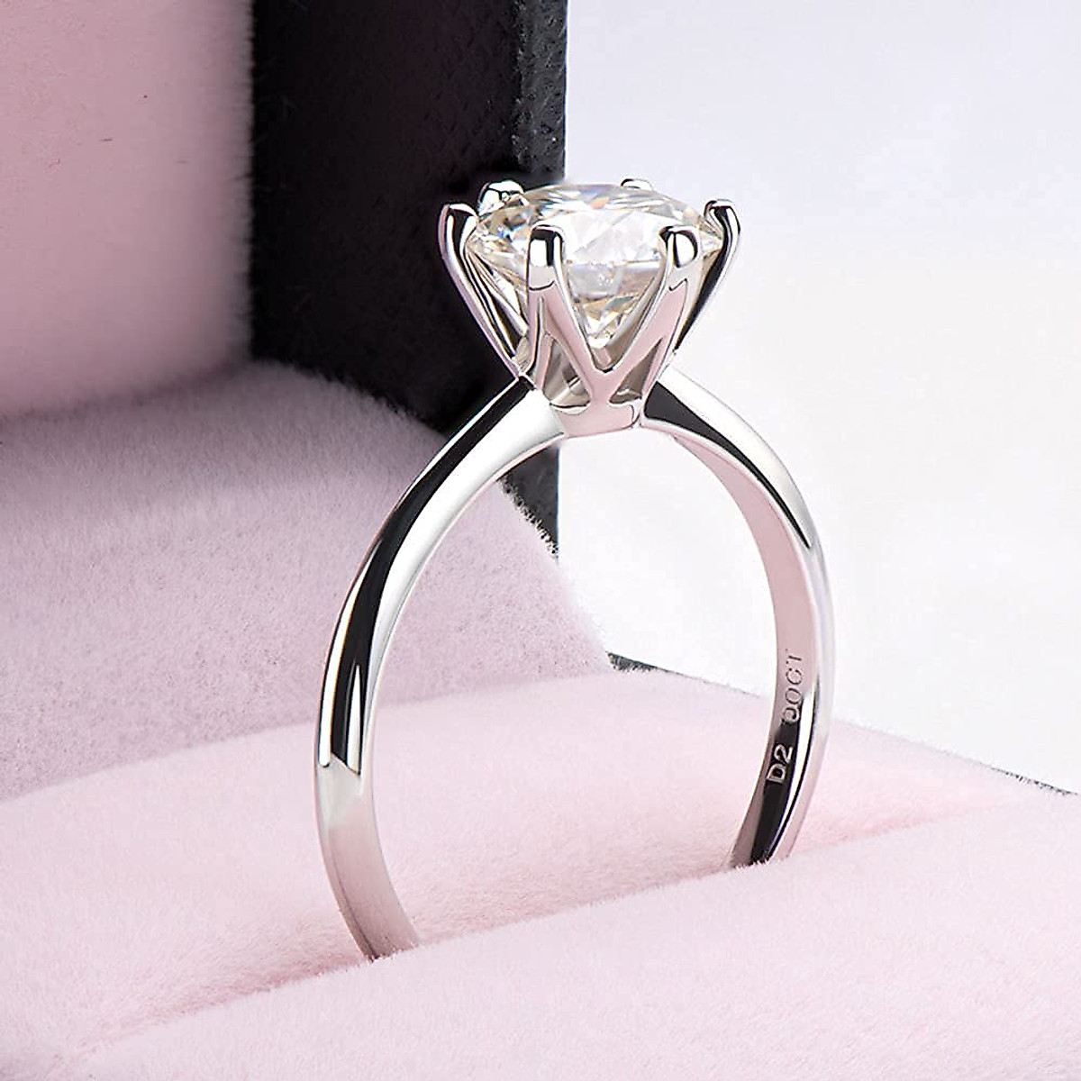 Voogueme 2.0 Carat Selection Six-Prong Solitaire Moissanite Engagement Wedding Anniversary Promise Rings in Solid Sterling Silver Ring for Women with Gift Box