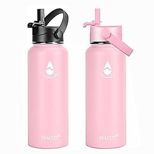 SYACOT 32 oz 40 oz 64 oz Stainless Steel Water Bottle, Insulated Double Wall Vacuum Leak Proof Water Flask, Metal Thermo Canteen Mug —Wide Mouth with 2 Straw Lids (40 oz, Pink)