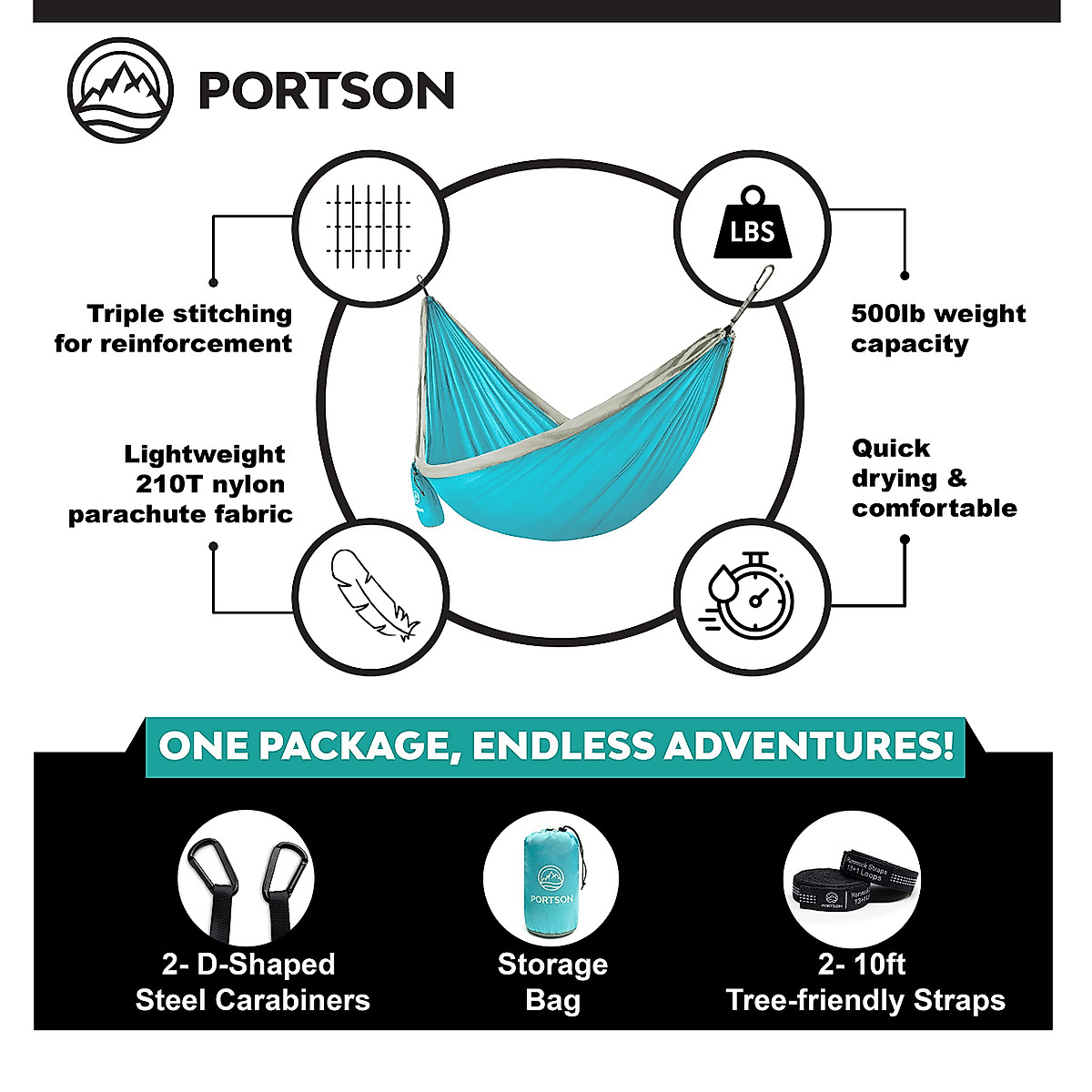 Portson Camping Hammock - Based in Madison - Double Hammock for Backpacking, Travel, Hiking - Portable Hammock - Tree-Friendly Straps Included
