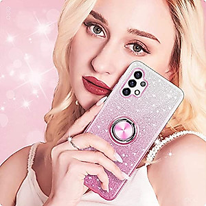 KSWOUS Galaxy A32 5G Case with 2 Pack Screen Protector, Crystal Clear Glitter Sparkly Bling Pink Protective Cover with Kickstand for Women Girls Slim Shockproof Case for Samsung A32 5G (Pink)