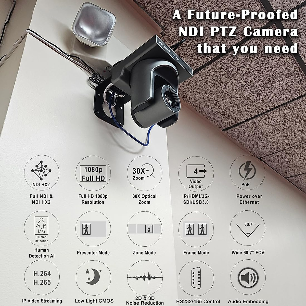 Prisual NDI HX3 PTZ Camera 30x Full HD Live Streaming Auto Tracking Camera with HDMI/3G-SDI/USB and NDI HX3 60P Outputs (NDI HX3 & Full NDI Optional)