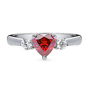 BERRICLE Sterling Silver 3-Stone Wedding Engagement Rings Red Cubic Zirconia CZ Heart Promise Ring for Women, Rhodium Plated Size 7