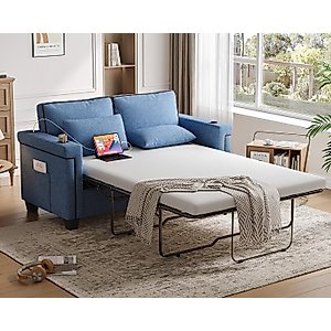 Fadware Pull Out Sofa Bed, Twin Size Sleeper Sofa Couch with Memory Foam Mattress, 2 in 1 Convertible Pullout Couch Bed with USB Charging Ports for Compact Living Space, Apartment, Office, Blue