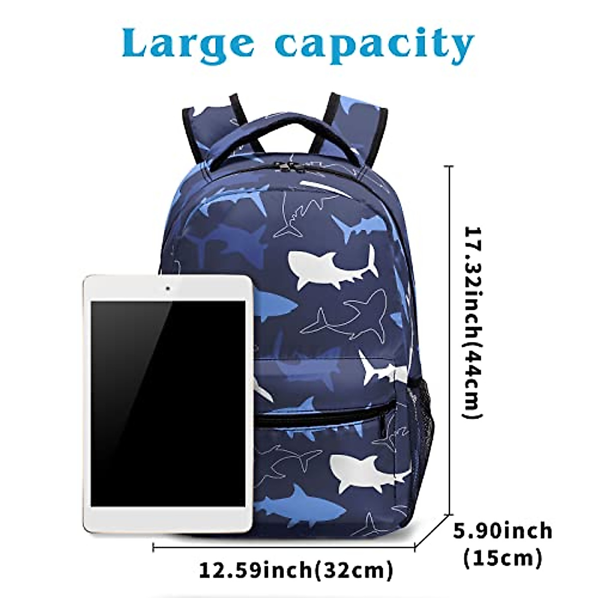 Dacawin Kids Backpack Blue Shark Elementary School Bag for Boys Girls Kids Ocean Themed Bookbag Lightweight Durable Simple Modern Backpacks for Travel Hiking Picnic