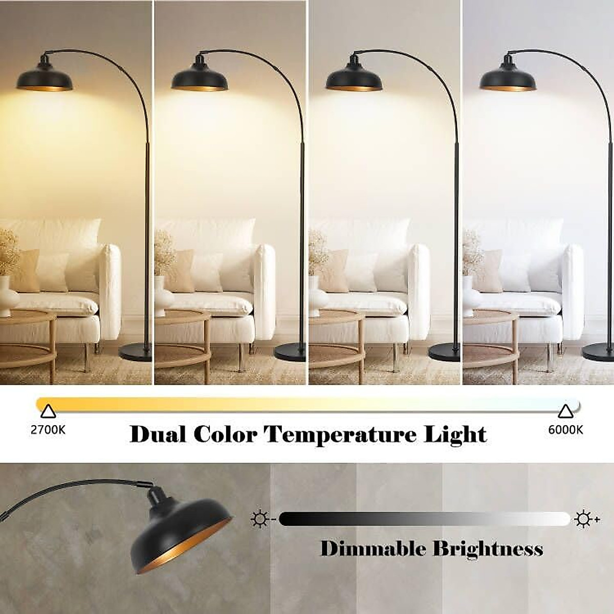 Arch Floor Lamps with Remote - Dimmable Floor Lamp 70”, Black Tall Lamp with 360° Adjustable Hanging Metal Shade, Arc Lamps Floor Standing with 9W Bulb, Over Couch Lamps for Living Room, Foot Switch