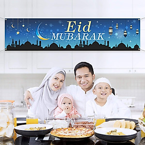 Eid Mubarak Decorations Banner - Muslim Ramadan Party Supplies Decorations, Blue Eid Mubarak Celebration Decoration for Muslim