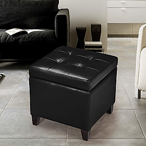 Adeco Bonded Leather Square Tufted Cubic Cube Footstool, 18" Height Storage Ottomans, With Lid, Black