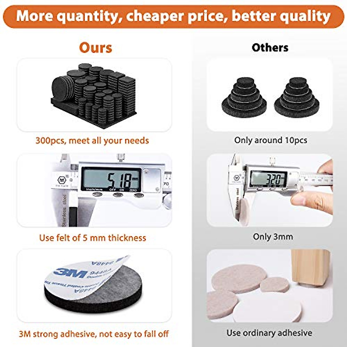 Furniture Pads 300 Pieces Felt Furniture Pads Premium Huge Pack, BAIPOK 5mm Thick Self Adhesive Anti Scratch Floor Protectors for Desk Chair Legs and 60 Rubber Bumpers for Hardwood Tile Floor