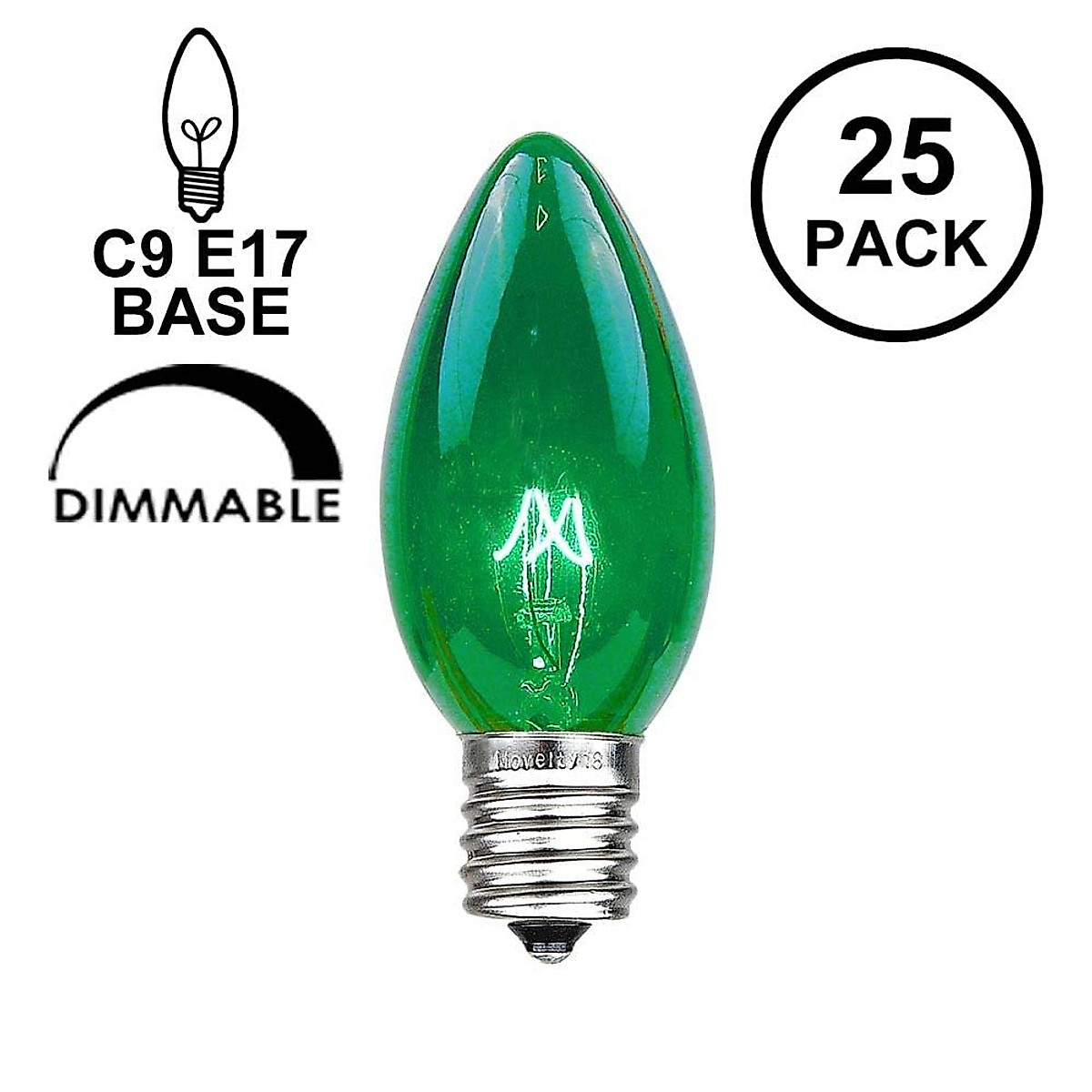 Novelty Lights Incandescent Christmas Replacement Bulbs - Indoor/Outdoor Individual Bulbs for Christmas Tree, Display, & More - C9/E17 Intermediate Base, 7 Watt Lights (Green, 25 Pack)