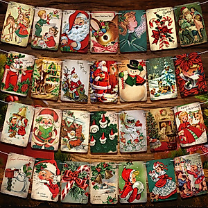 Kinlop 4 Pieces Vintage Christmas Banner Xmas Fireplace Banner Garland Vintage Christmas Decorations Traditional Style Hanging Banner for Christmas Indoor Home Office Party Decoration Supplies