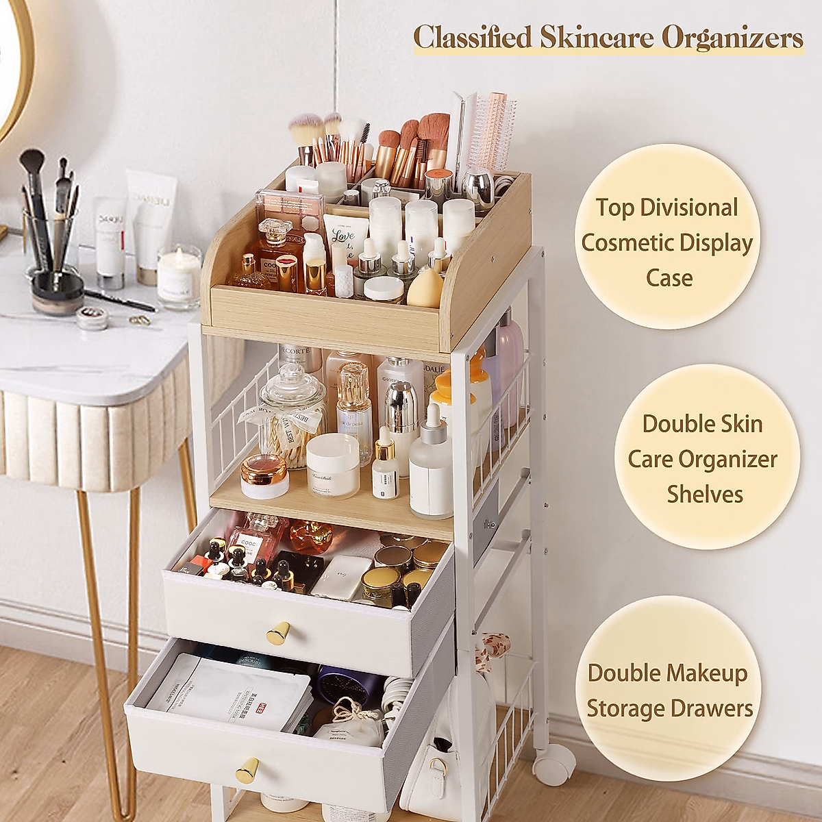 Makeup Organizer, Floor Skincare Organizers, Make Up Organizers and Storage with Drawers, Vanity Organizer Cosmetics Display Cases Holder for Skin Care Nail Polish Perfume Makeup brush Hair Tool