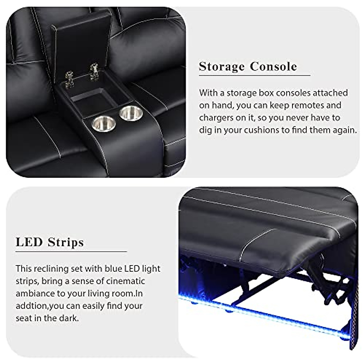 Evedy Living Room Furniture Sets, Sectional Sofa with LED Light Strip,Modern Faux Leather Manual Reclining with Center Console,PU Symmetrical Couch with 2 Cup Holders and Storage, Black e