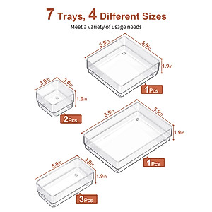 SMARTAKE 7-Piece Drawer Organizer with Non-Slip Silicone Pads, 4-Size Desk Drawer Organizer Trays Storage Tray for Makeup, Jewelries, Utensils in Bedroom Dresser, Office and Kitchen (Clear)